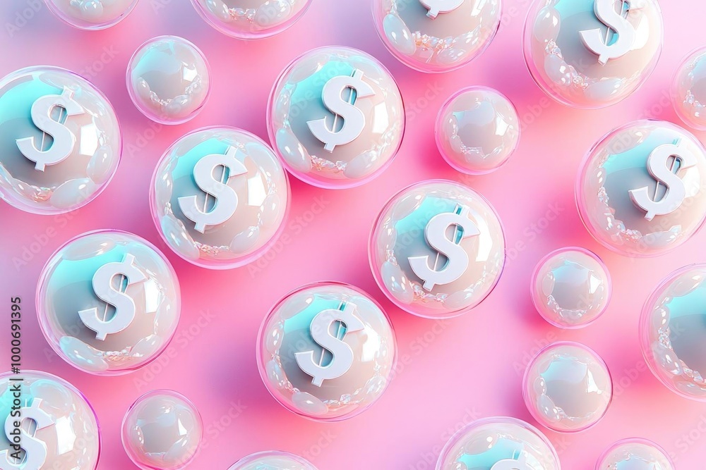 Bright bubbles featuring dollar symbols on a pastel pink background ...