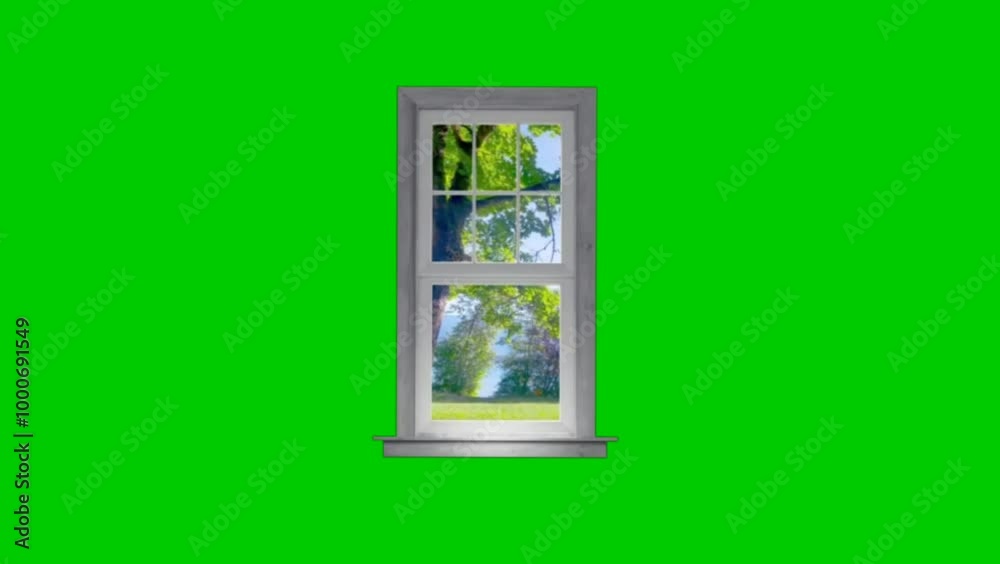 Window animation featuring lush green trees on a green screen in ...