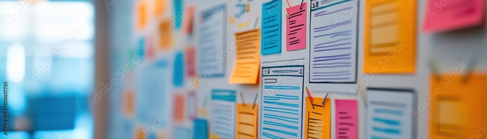 Foto de Organized board with colorful sticky notes and cards for ...