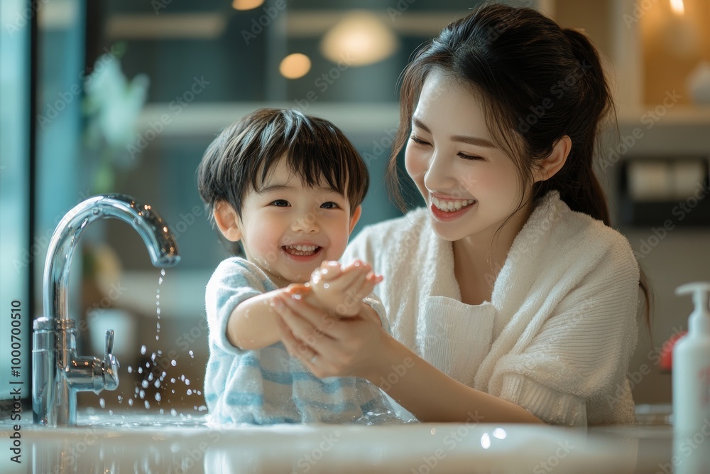 child mother hand hygiene family water clean care washing boy son soap ...