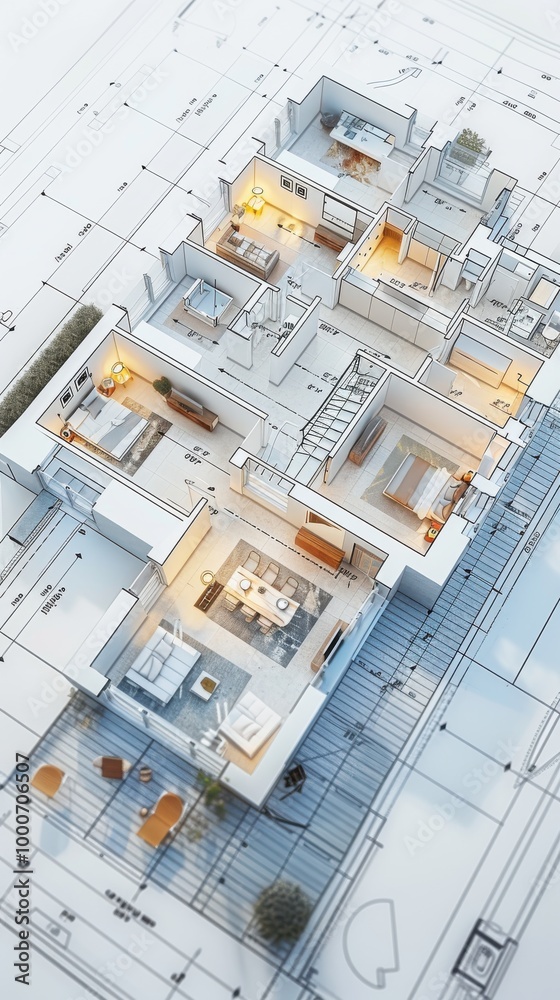 Aerial view of modern architectural floor plan featuring multiple rooms ...