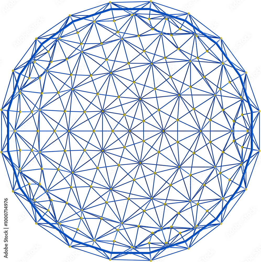 This image shows a circular network with blue lines and yellow nodes ...