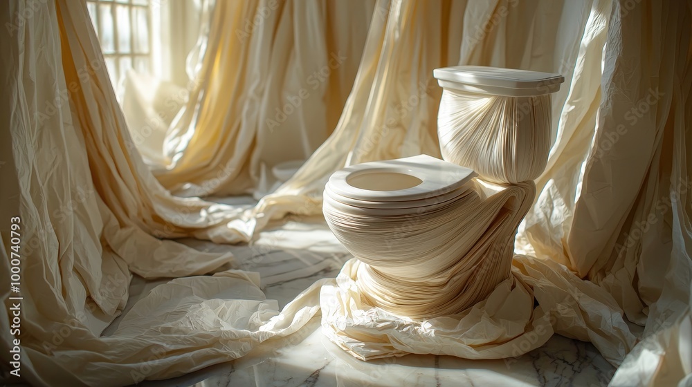 Soft, cascading fabric envelops a uniquely draped toilet, blending the ...