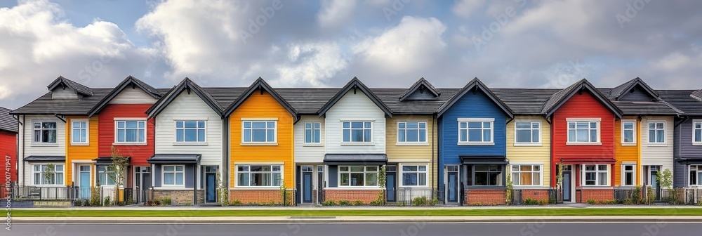 Colorful row houses, vibrant townhomes, seaside architecture, uniform ...