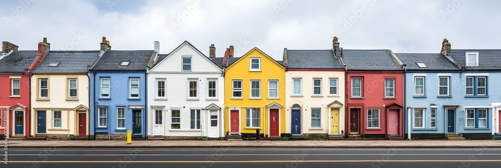 Colorful row houses, vibrant townhomes, seaside architecture, uniform ...
