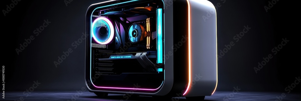 Futuristic mini PC case, compact cube design, transparent side panel ...