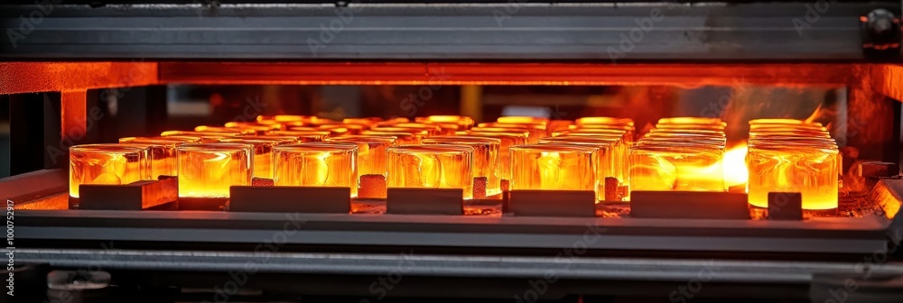 Industrial metalworking, glowing hot steel ingots, fiery furnace ...