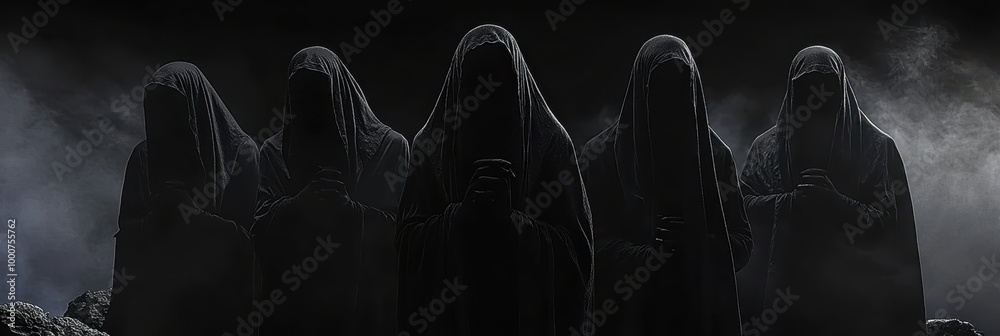 Dark hooded figures, ghostly faces, eerie glow, spectral apparitions ...