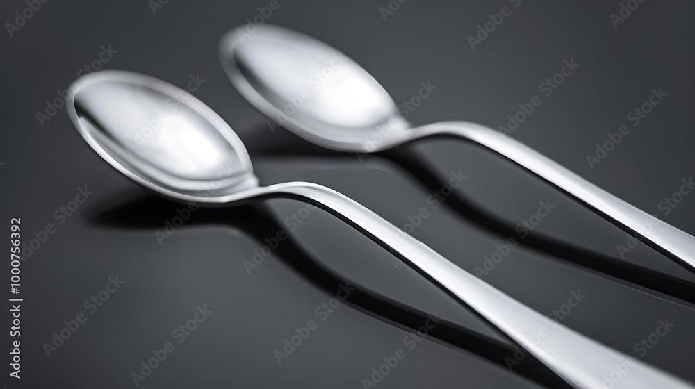 Two shiny silver spoons lying side by side on a grey surface. Stock ...