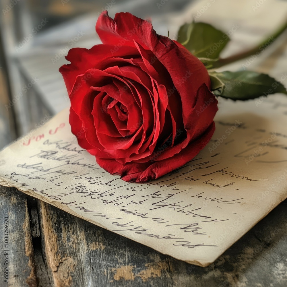 A red rose lying on a vintage letter, with handwritten words barely ...