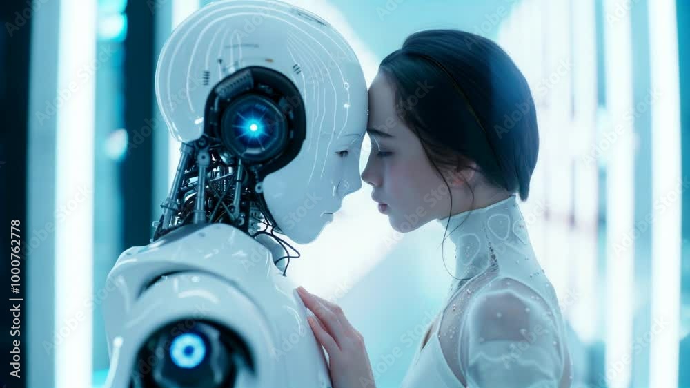 humanoid robot and young woman sharing an intimate moment of friendship ...
