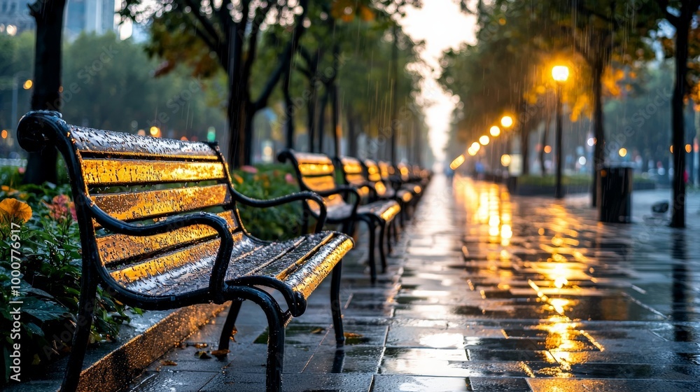 A city park early in the morning, where the dew point has been reached ...
