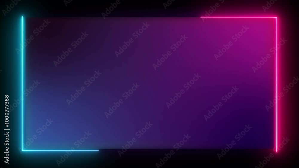 Neon glossy rectangle glowing picture frame 4K. Abstract tunnel opening ...