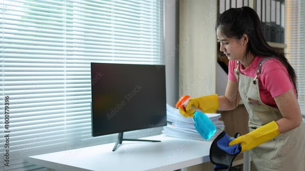 Asian woman in overalls cleaning home office area sofa, desk, file ...