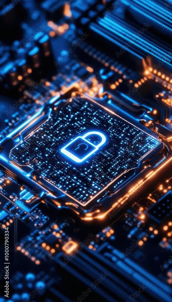 Futuristic motherboard with a glowing digital lock and login ...