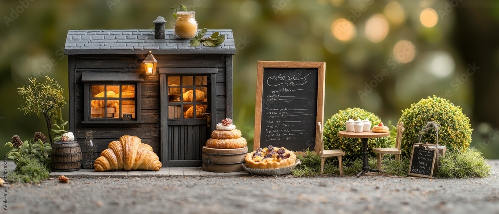 Miniature bakery shop with pastries, plants, and a chalkboard menu ...