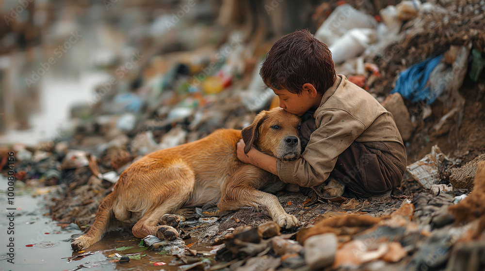 The pour child hug with him stray dog and a stray dog rummaging for ...
