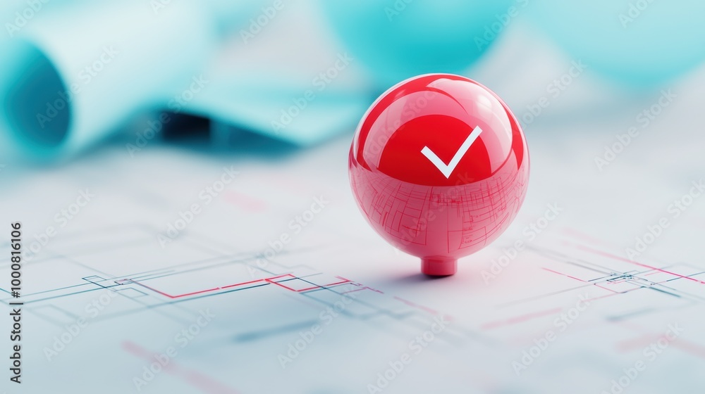A red checkmark on a construction blueprint, representing the ...