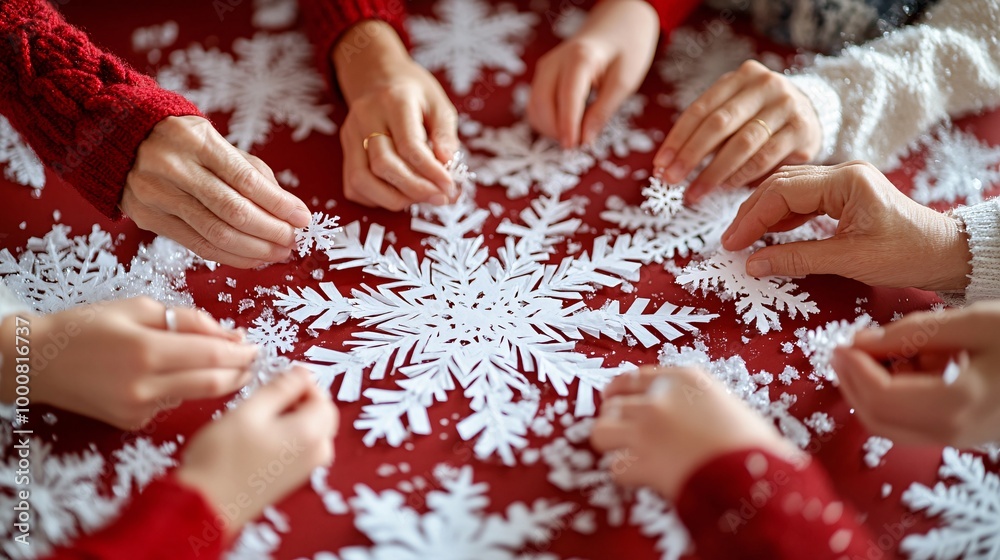 Hand-drawn grandparents and children making paper snowflakes together ...