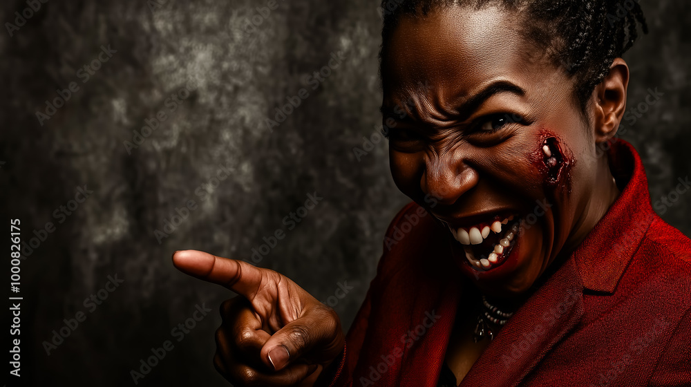 Ethnic zombie and vampire woman with afro features with her fingers ...