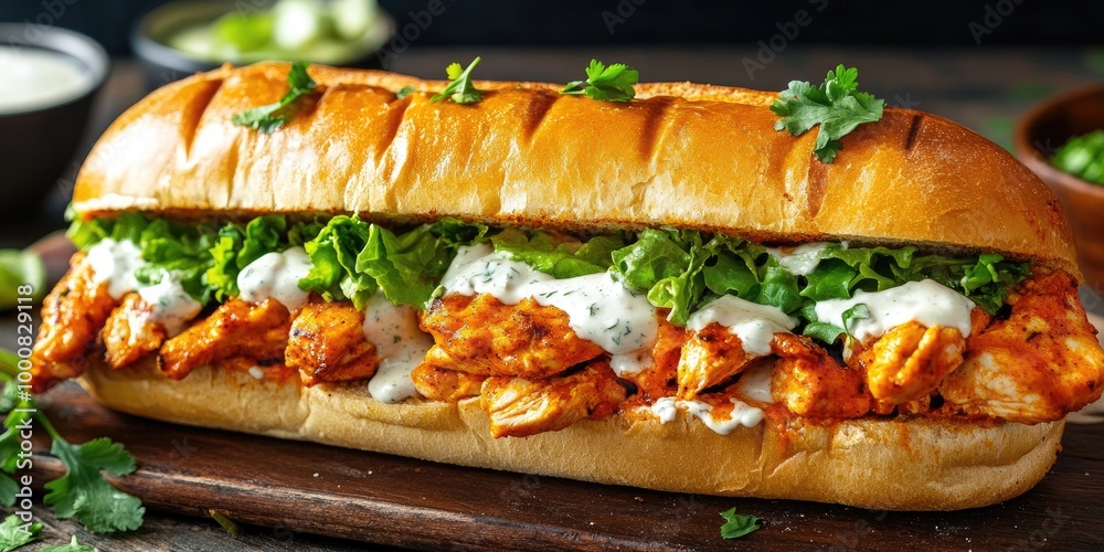 A large Buffalo chicken sub sandwich, overflowing with spicy grilled ...