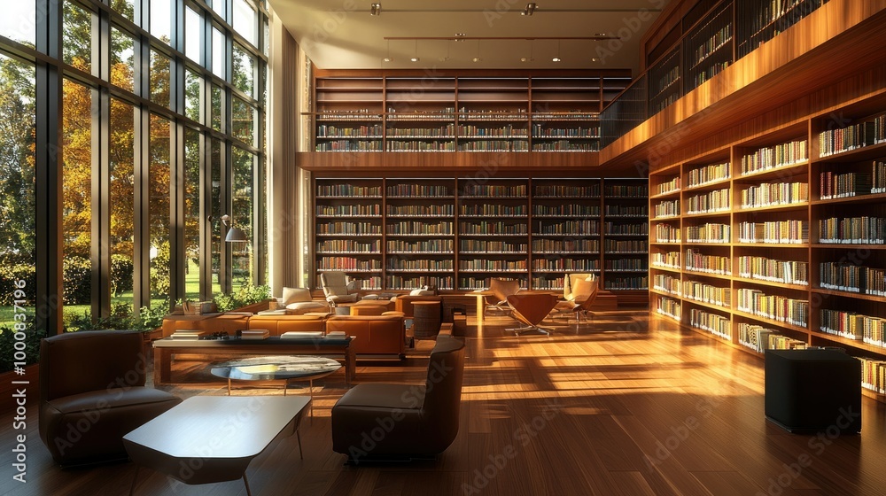 Contemporary library with polished wood tables, cushioned chairs, and ...