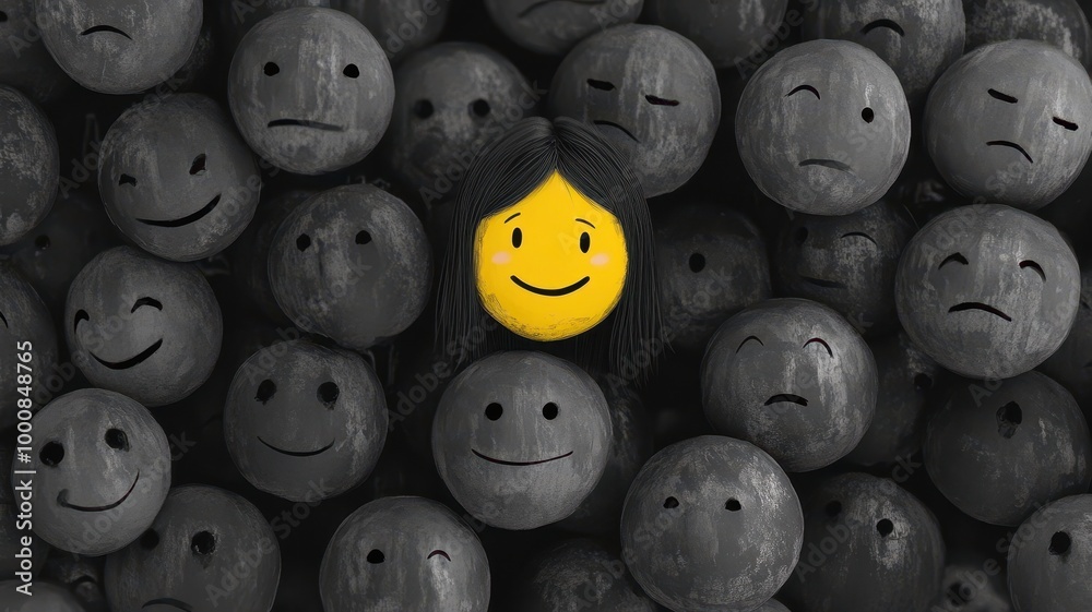 Top view of crowd of identical people with same emotions,one different ...