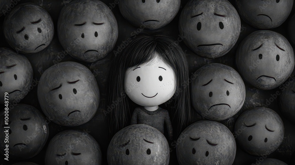 Top view of crowd of identical people with same emotions,one different ...