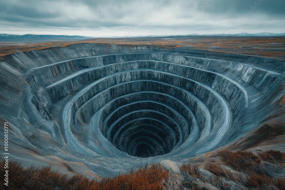 Colossal open-pit mine in arctic tundra. Scale of mineral extraction ...