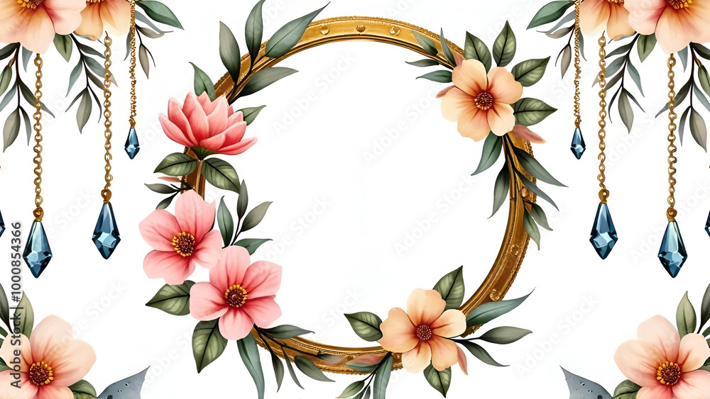 Vintage round gold frame decorated with flowers and hanging crystal ...
