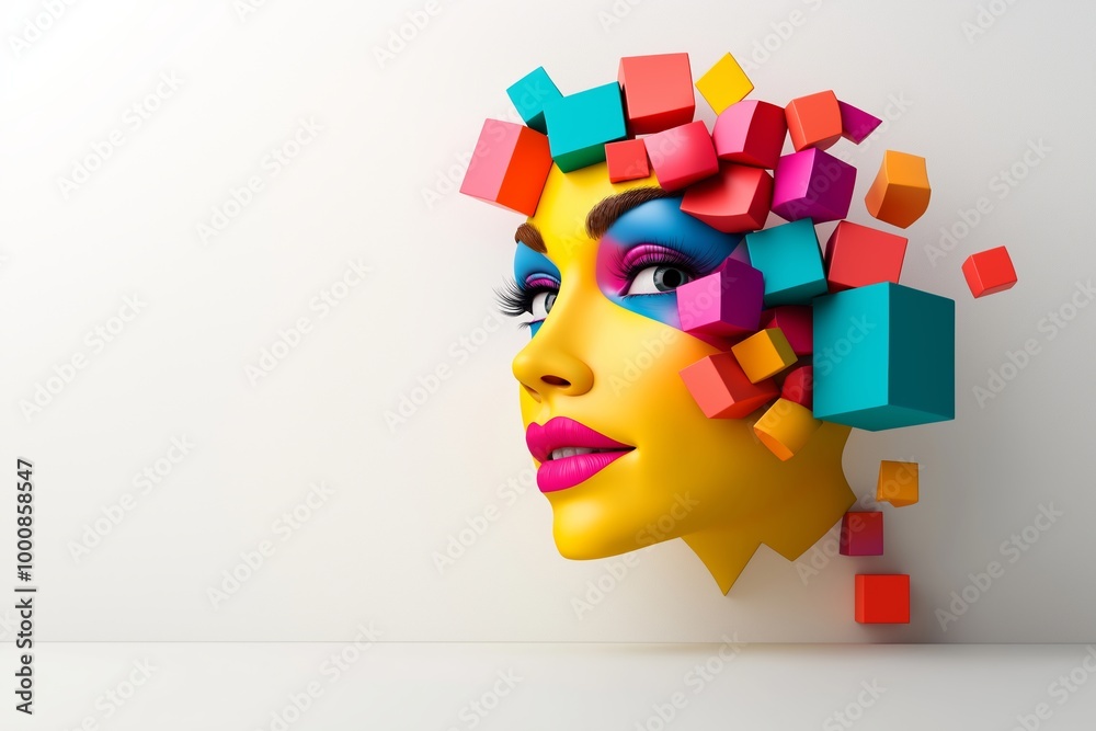 Woman's face is made of blocks. The blocks are in different colors and ...