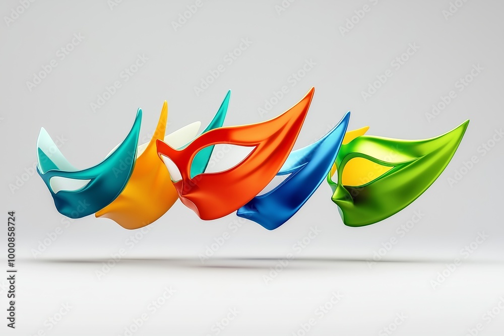 Set of colorful masks are shown in the air. The masks are in different ...