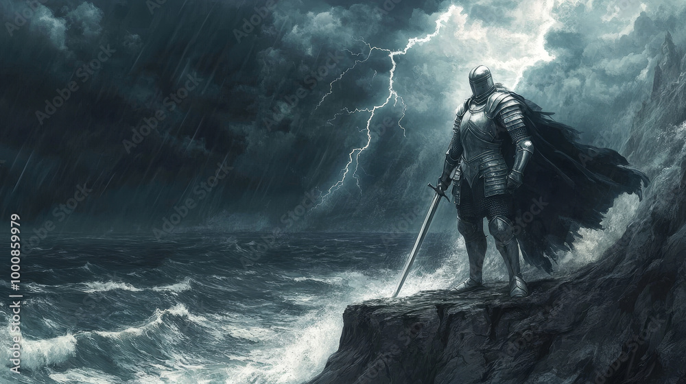 A knight in silver armor stands resolutely on cliff, facing stormy sea ...