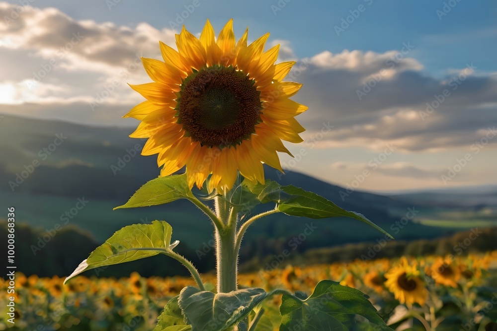 Realistic photo of sunflower bloom in flower field ground garden park ...