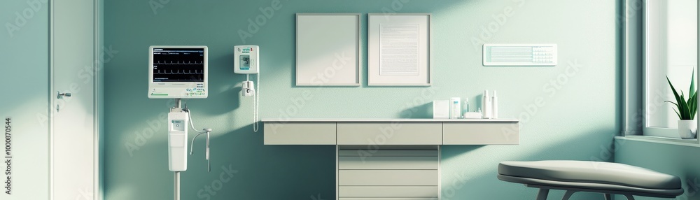 AI-driven home diagnostics kits, a clean, modern medical office ...