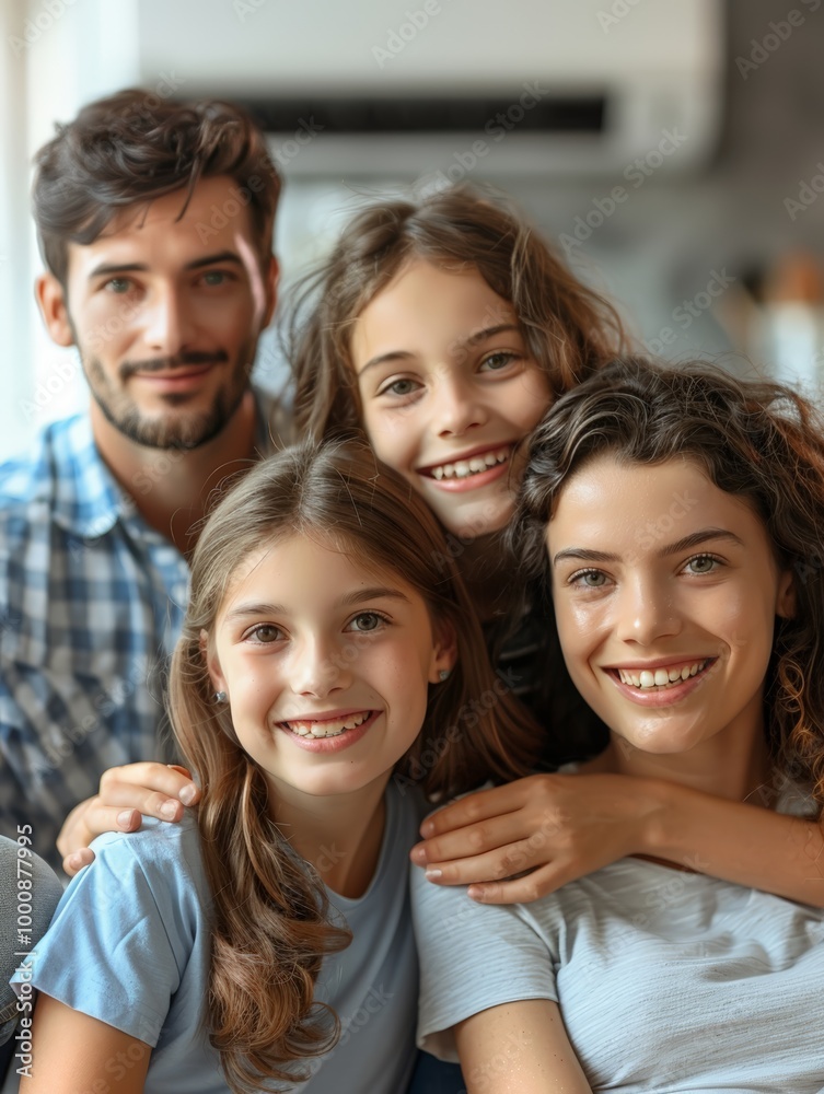Young family four smiling together indoors, close-up portrait, two ...