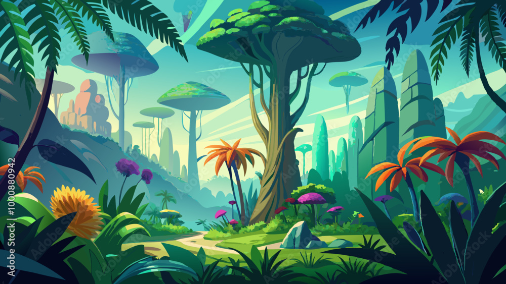 A prehistoric landscape dominated by towering megaflora, giant ferns ...