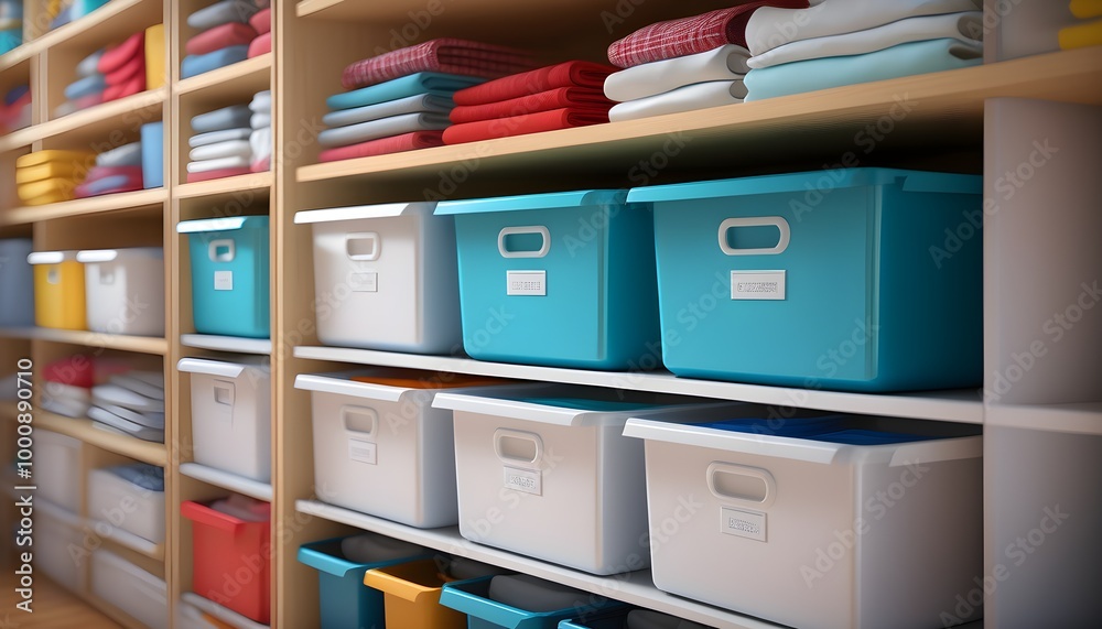 ภาพประกอบสต็อก Efficient minimalist clothes storage room with labeled ...