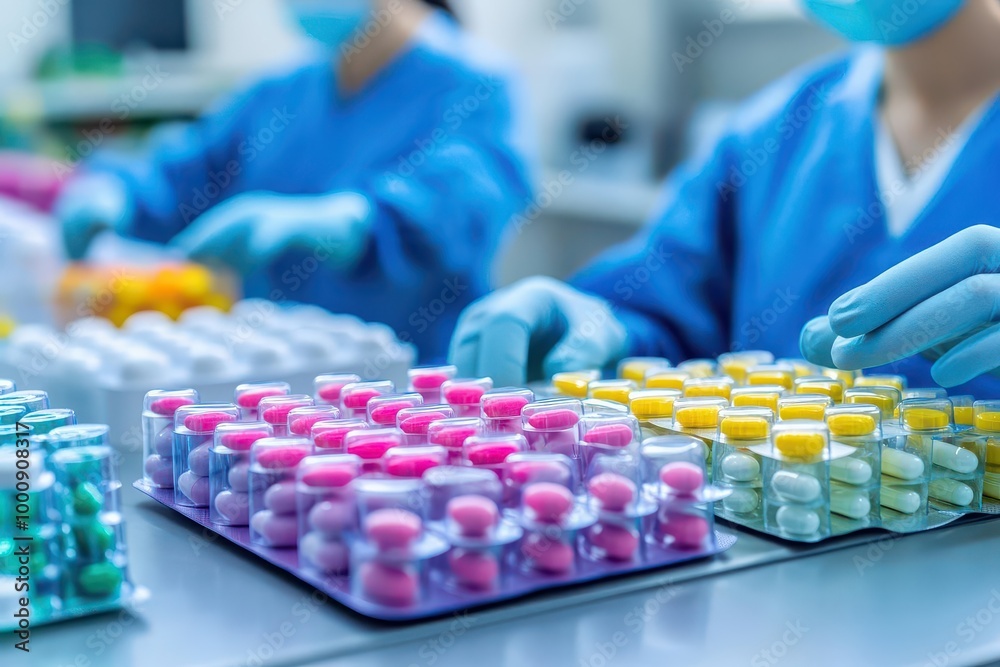 Workers in a pharmaceutical lab packaging and labeling medication ...
