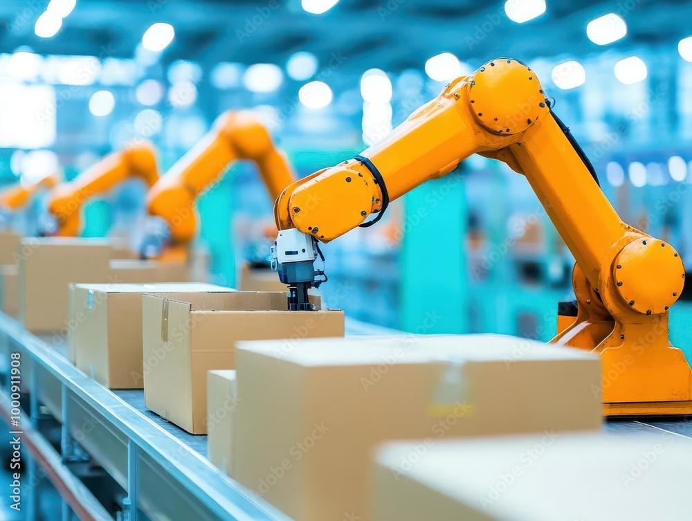 Automated packaging robots sorting and boxing products in a warehouse ...