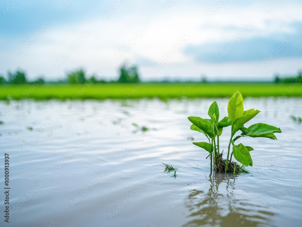 A flash flood washing away crops in a rice paddy, leaving destruction ...