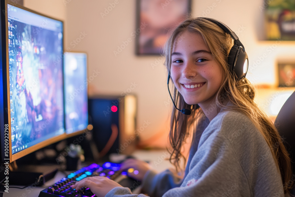 Smiling Teenage Girl Gaming with Headset at Desktop, A cheerful teenage ...