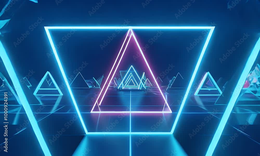 Neon geometric shapes, triangles and hexagons, rotating and pulsating on a dark blue background ...