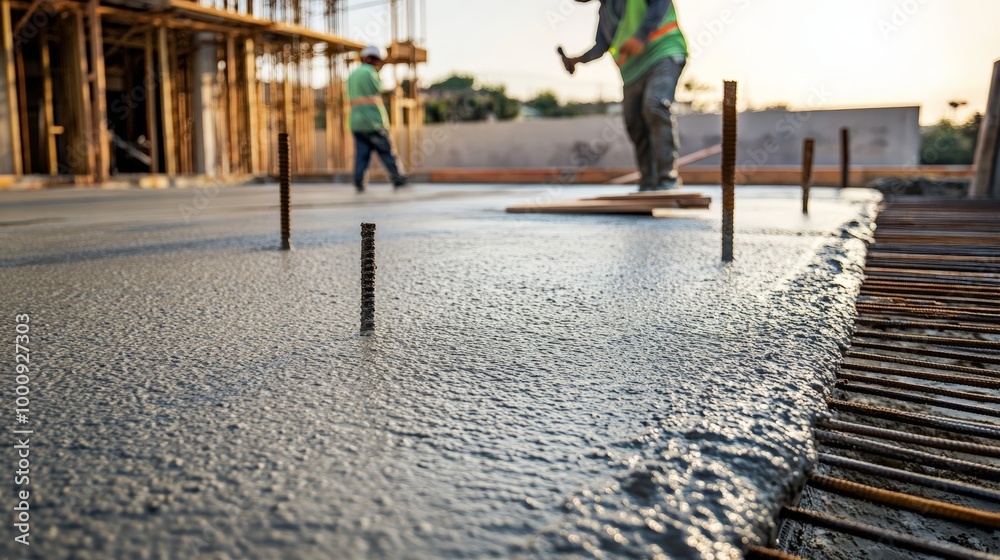 Fresh Concrete Pour on Construction Site with Rebar and Workers ...