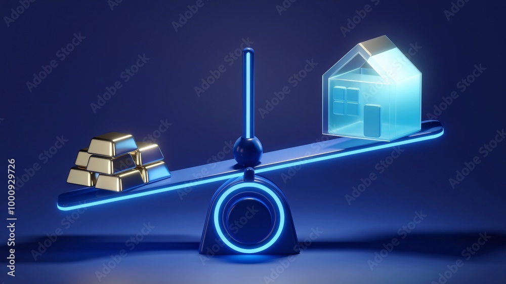 3D Render of Neon-Style Balance Scale Sleek Blue Scale with Glowing ...