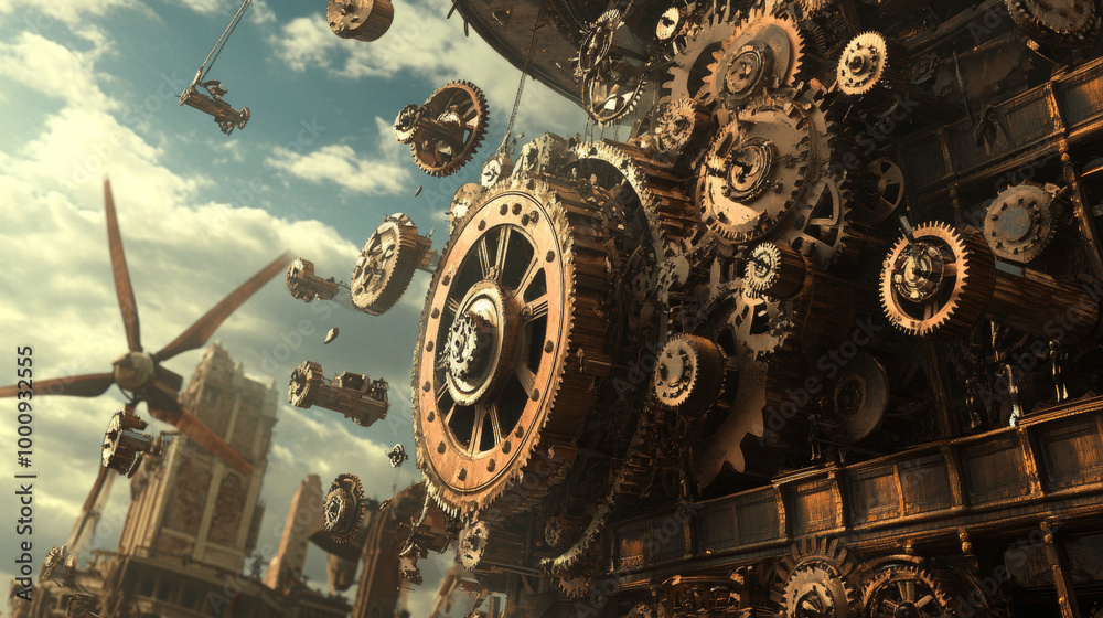 Illustrate a scene with gears in motion, like a carousel or windmill ...