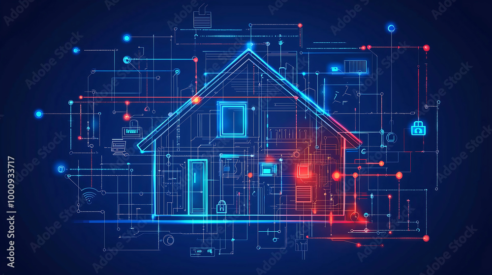 image shows a digital blueprint of a house with various technological ...