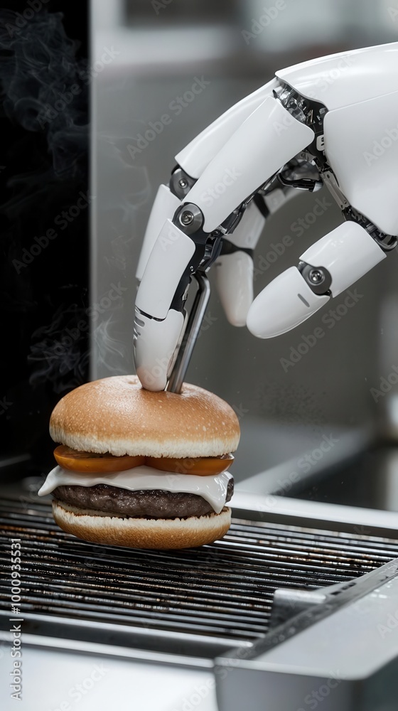 Robot chef flipping burgers on a smart grill in a tech-driven fast-food ...