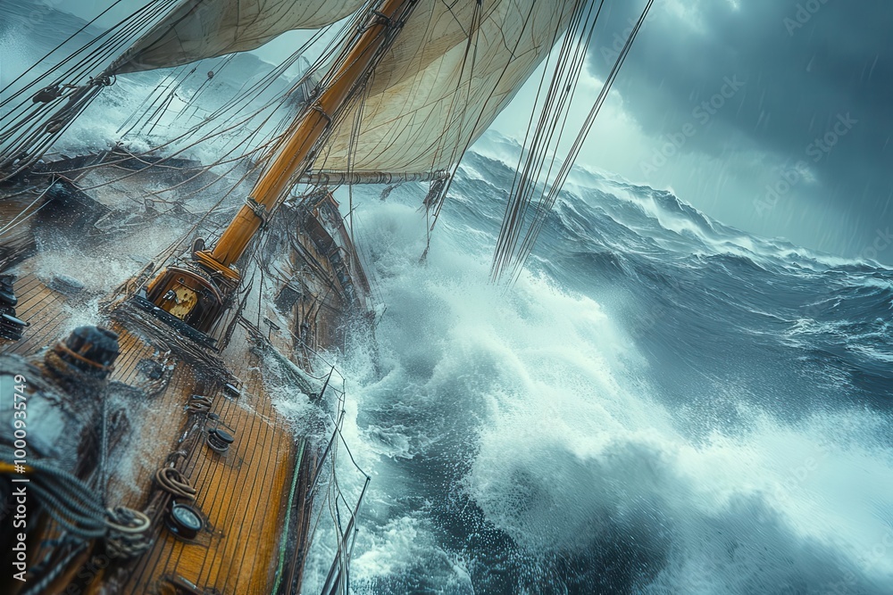 a fierce sailing boat battling tumultuous waves ropes taut and metallic ...