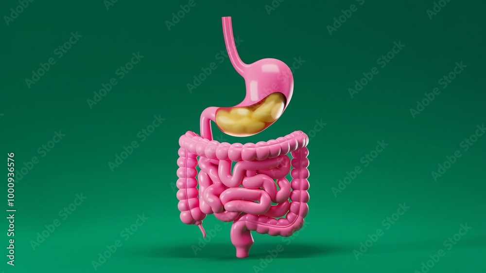 3D Render of Stylized Human Digestive System Bright Pink Stomach with ...